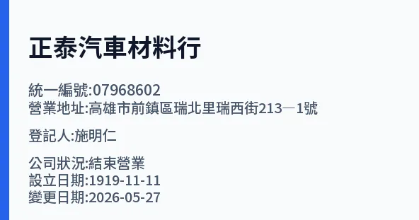 正泰汽車材料行的照片-統編 07968602(高雄市) 公司登記資料與營業項目詳細圖表