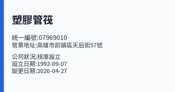 塑膠管筏的照片-統編 07969010(高雄市) 公司登記資料與營業項目詳細圖表