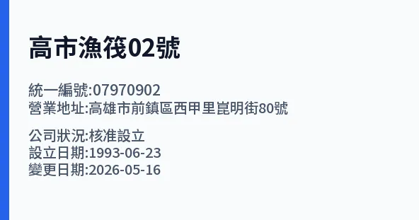 高市漁筏02號的照片-統編 07970902(高雄市) 公司登記資料與營業項目詳細圖表
