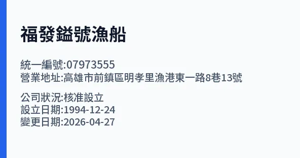 福發鎰號漁船的照片-統編 07973555(高雄市) 公司登記資料與營業項目詳細圖表