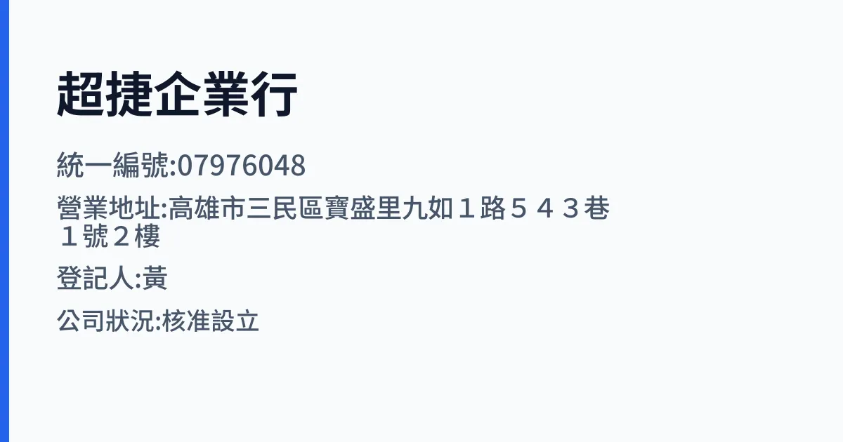 超捷企業行 - 統編 07976048(高雄市) 公司登記資料與營業項目詳細圖表