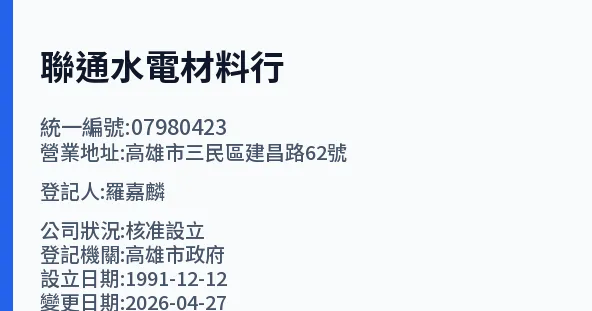 聯通水電材料行的照片-統編 07980423(高雄市) 公司登記資料與營業項目詳細圖表