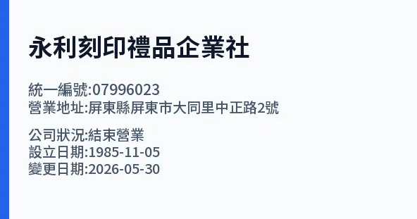 永利刻印禮品企業社的照片-統編 07996023(屏東縣) 公司登記資料與營業項目詳細圖表