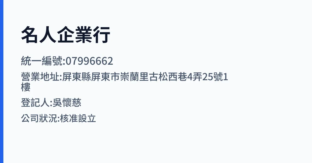 名人企業行 - 統編 07996662（屏東縣） 公司登記資料與營業項目詳細圖表