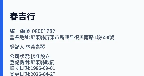 春吉行的照片-統編 08001782(屏東縣) 公司登記資料與營業項目詳細圖表