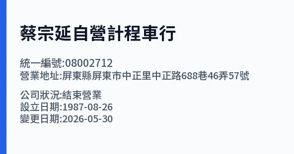 蔡宗延自營計程車行的照片-統編 08002712(屏東縣) 公司登記資料與營業項目詳細圖表
