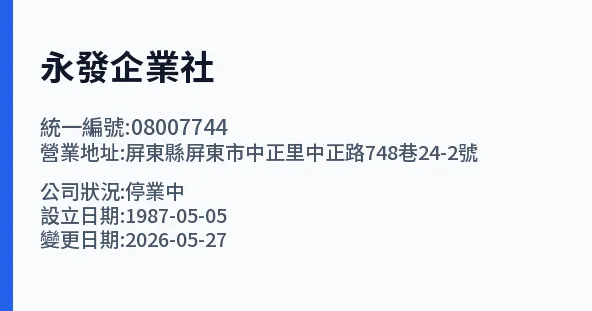 永發企業社的照片-統編 08007744(屏東縣) 公司登記資料與營業項目詳細圖表