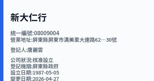 新大仁行的照片-統編 08009004(屏東縣) 公司登記資料與營業項目詳細圖表