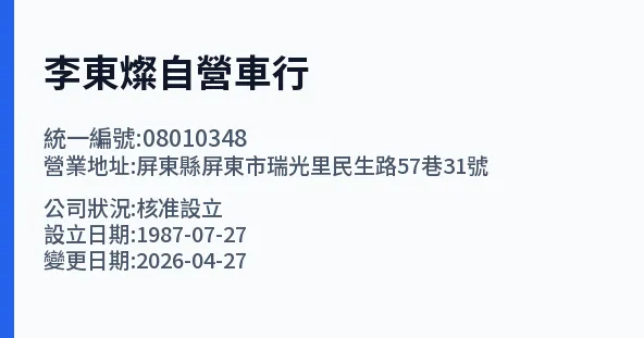 李東燦自營車行的照片-統編 08010348(屏東縣) 公司登記資料與營業項目詳細圖表