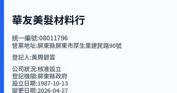 華友美髮材料行的照片-統編 08011796(屏東縣) 公司登記資料與營業項目詳細圖表