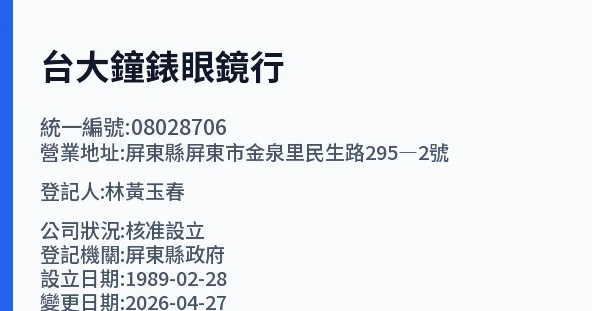 台大鐘錶眼鏡行的照片-統編 08028706(屏東縣) 公司登記資料與營業項目詳細圖表