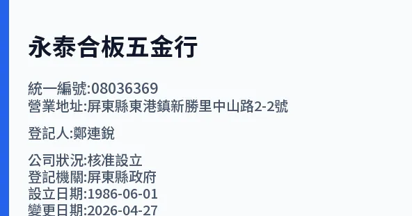 永泰合板五金行的照片-統編 08036369(屏東縣) 公司登記資料與營業項目詳細圖表