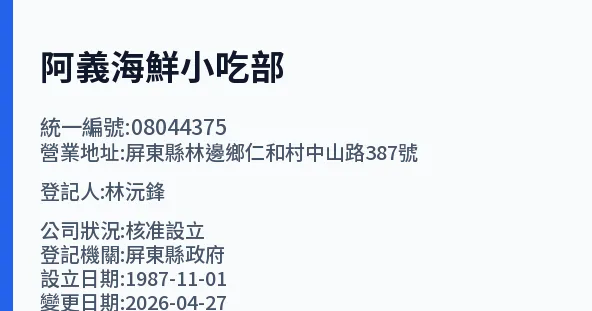 阿義海鮮小吃部的照片-統編 08044375(屏東縣) 公司登記資料與營業項目詳細圖表
