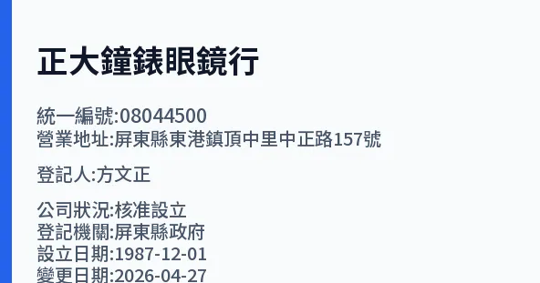 正大鐘錶眼鏡行的照片-統編 08044500(屏東縣) 公司登記資料與營業項目詳細圖表
