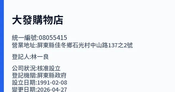 大發購物店的照片-統編 08055415(屏東縣) 公司登記資料與營業項目詳細圖表