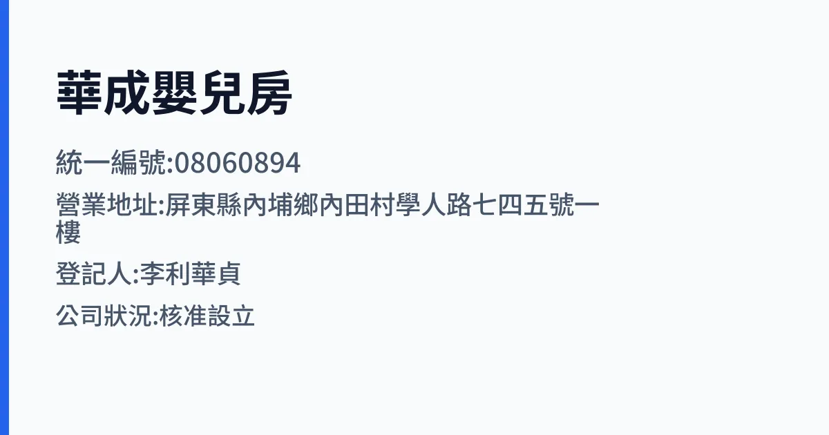 華成嬰兒房 - 統編 08060894(屏東縣) 公司登記資料與營業項目詳細圖表