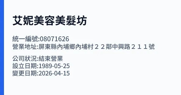 艾妮美容美髮坊的照片-統編 08071626(屏東縣) 公司登記資料與營業項目詳細圖表