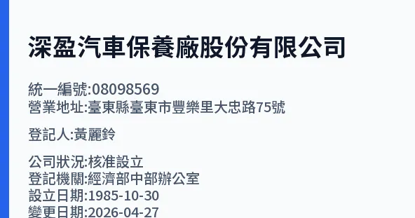 深盈汽車保養廠股份有限公司的照片-統編 08098569(臺東縣) 公司登記資料與營業項目詳細圖表