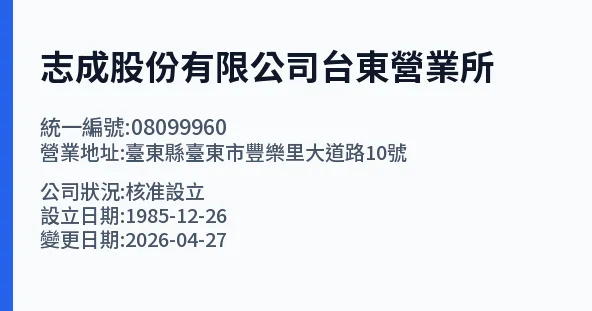 志成股份有限公司台東營業所的照片-統編 08099960(臺東縣) 公司登記資料與營業項目詳細圖表
