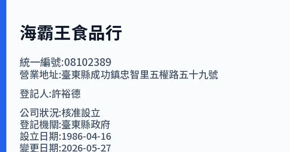 海霸王食品行的照片-統編 08102389(臺東縣) 公司登記資料與營業項目詳細圖表