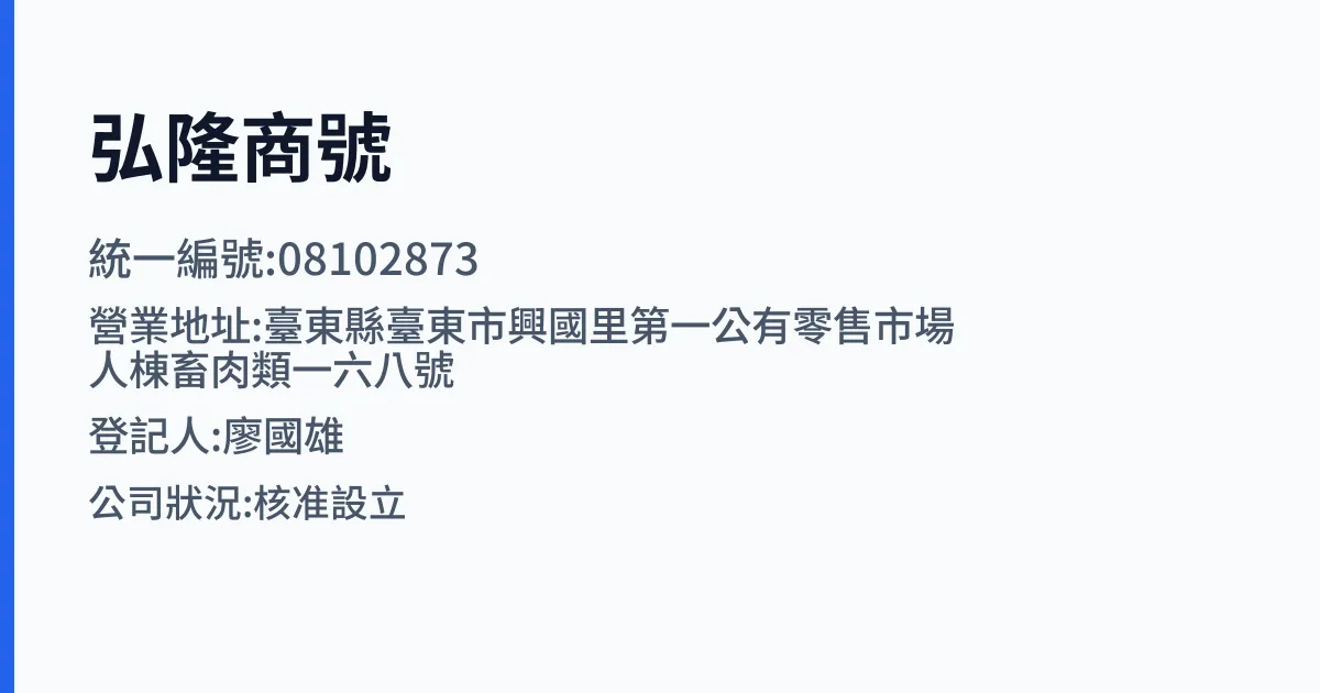 弘隆商號 - 統編 08102873(臺東縣) 公司登記資料與營業項目詳細圖表