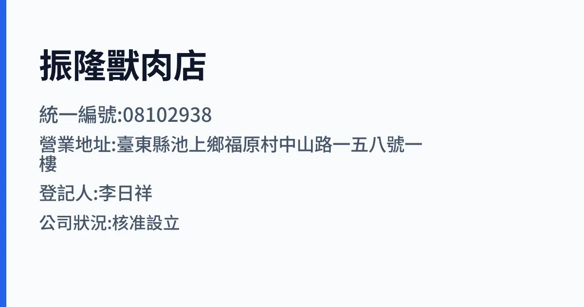 振隆獸肉店 - 統編 08102938(臺東縣) 公司登記資料與營業項目詳細圖表