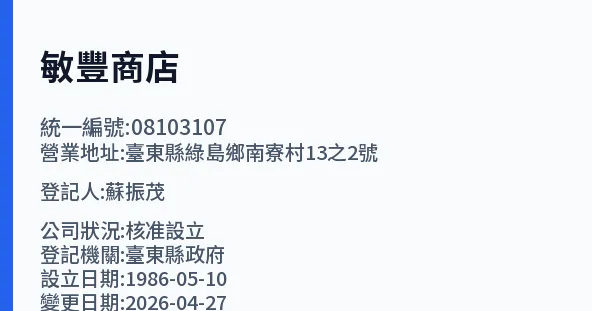 敏豐商店的照片-統編 08103107(臺東縣) 公司登記資料與營業項目詳細圖表