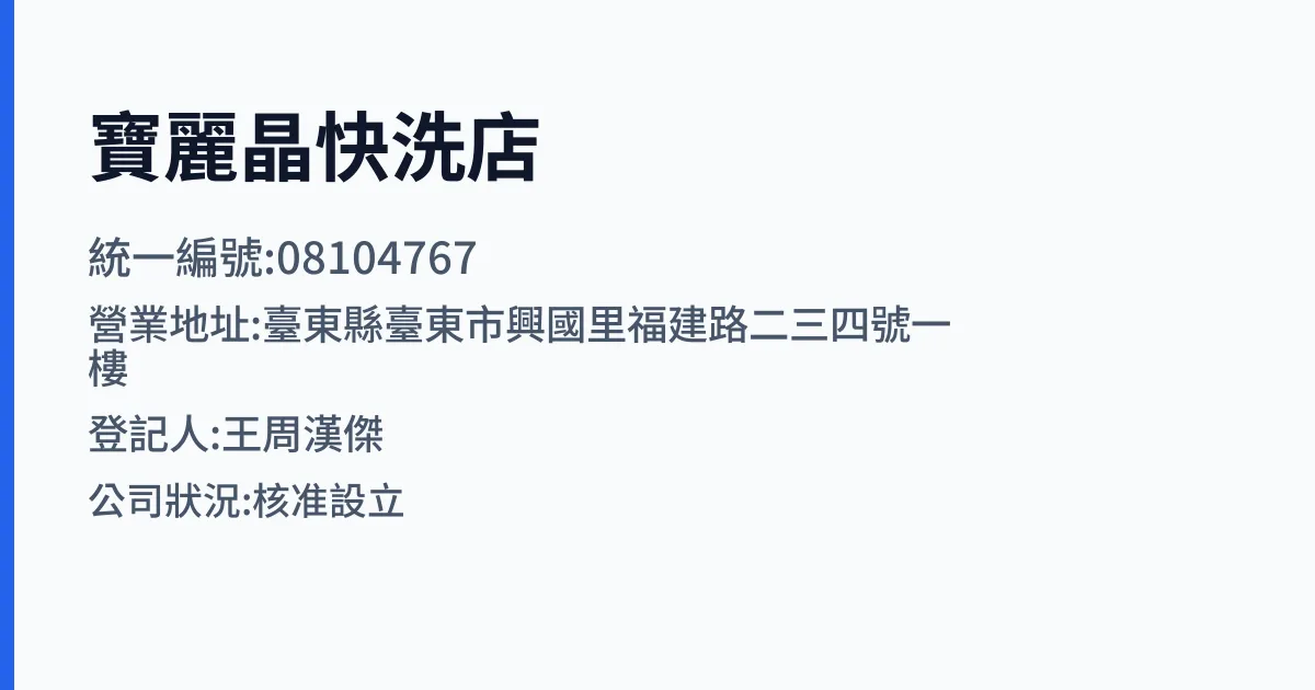 寶麗晶快洗店 - 統編 08104767(臺東縣) 公司登記資料與營業項目詳細圖表