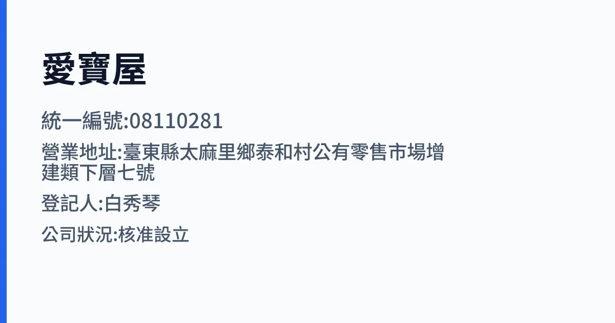 愛寶屋 - 統編 08110281(臺東縣) 公司登記資料與營業項目詳細圖表