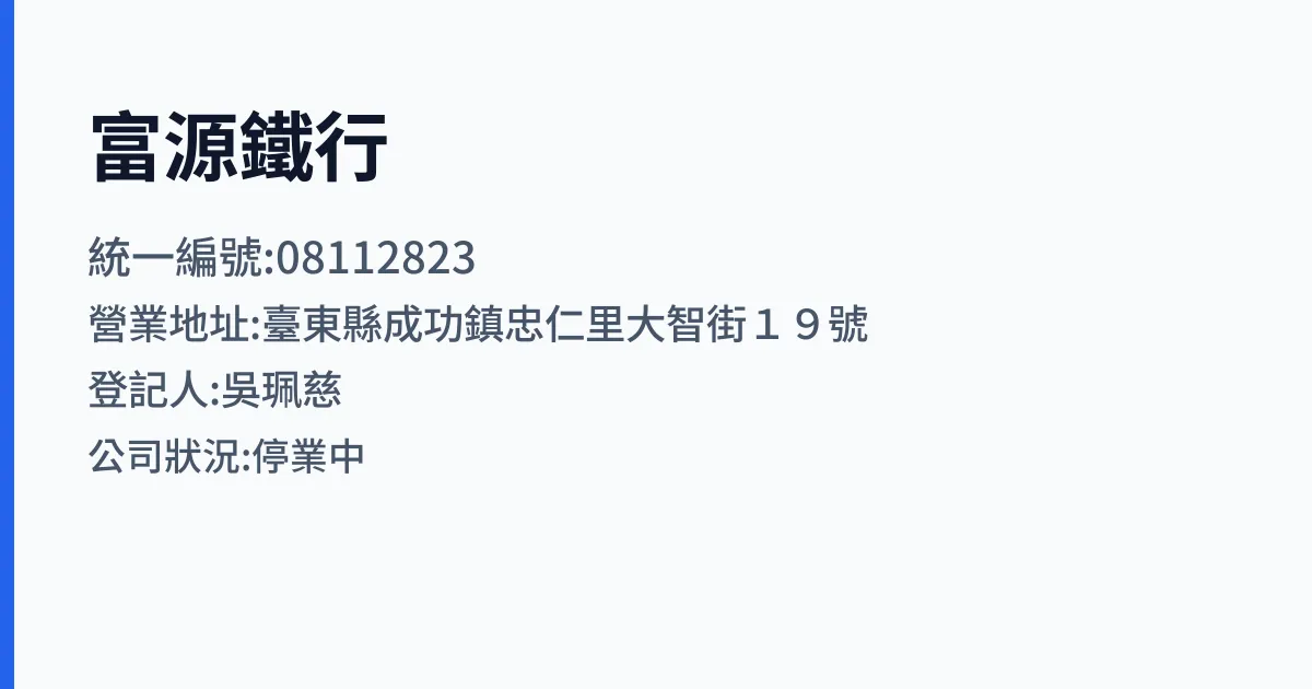 富源鐵行 - 統編 08112823(臺東縣) 公司登記資料與營業項目詳細圖表