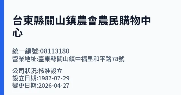 台東縣關山鎮農會農民購物中心的照片-統編 08113180(臺東縣) 公司登記資料與營業項目詳細圖表