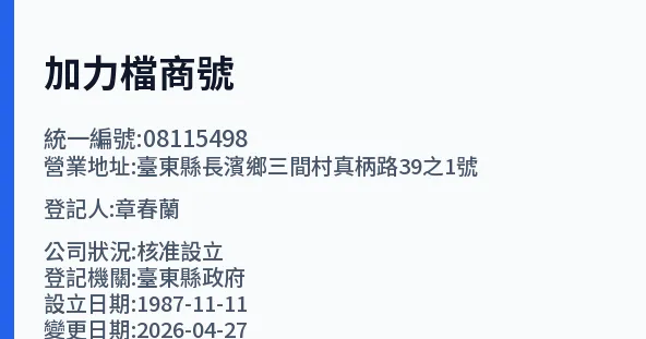 加力檔商號的照片-統編 08115498(臺東縣) 公司登記資料與營業項目詳細圖表