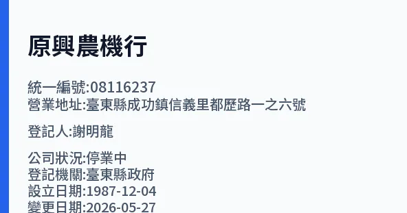 原興農機行的照片-統編 08116237(臺東縣) 公司登記資料與營業項目詳細圖表