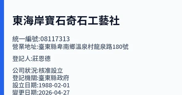 東海岸寶石奇石工藝社的照片-統編 08117313(臺東縣) 公司登記資料與營業項目詳細圖表