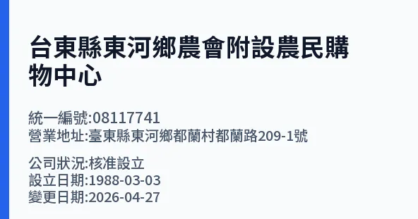 台東縣東河鄉農會附設農民購物中心的照片-統編 08117741(臺東縣) 公司登記資料與營業項目詳細圖表