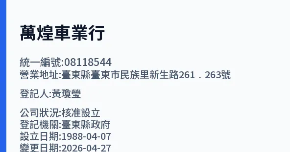 萬煌車業行的照片-統編 08118544(臺東縣) 公司登記資料與營業項目詳細圖表