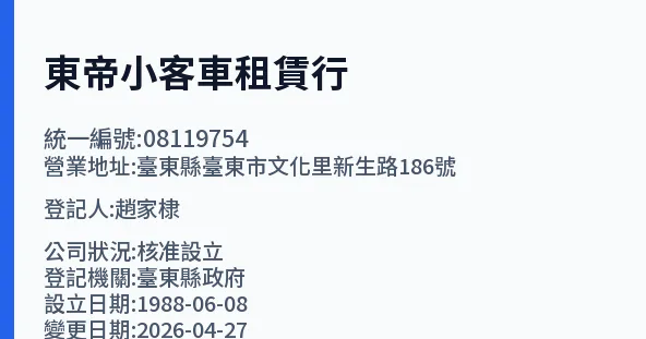 東帝小客車租賃行的照片-統編 08119754(臺東縣) 公司登記資料與營業項目詳細圖表