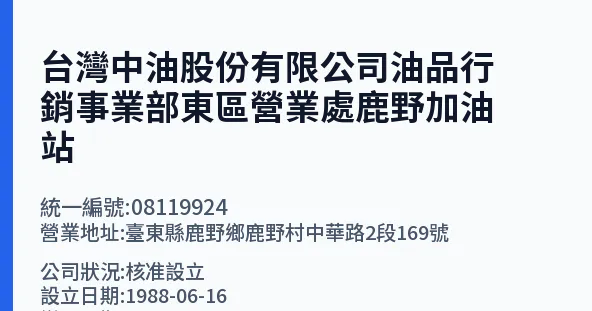 台灣中油股份有限公司油品行銷事業部東區營業處鹿野加油站的照片-統編 08119924(臺東縣) 公司登記資料與營業項目詳細圖表