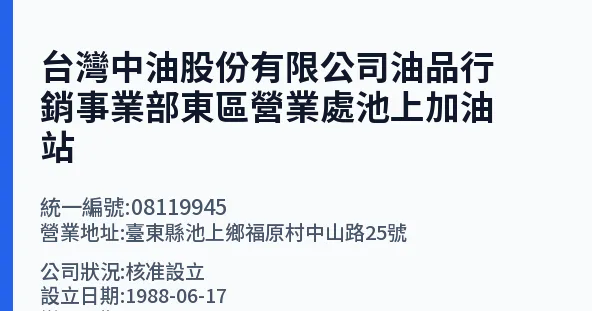 台灣中油股份有限公司油品行銷事業部東區營業處池上加油站的照片-統編 08119945(臺東縣) 公司登記資料與營業項目詳細圖表