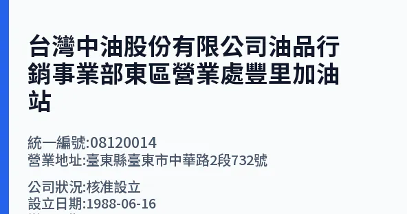 台灣中油股份有限公司油品行銷事業部東區營業處豐里加油站的照片-統編 08120014(臺東縣) 公司登記資料與營業項目詳細圖表