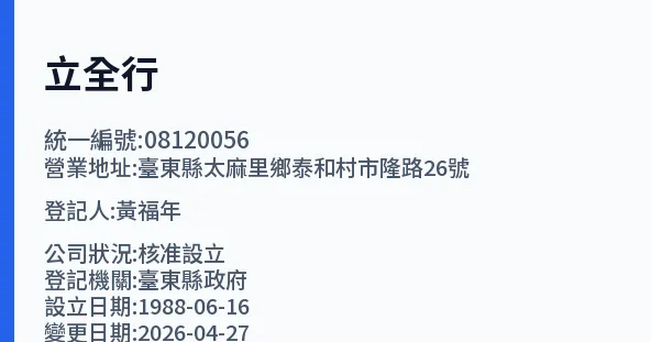 立全行的照片-統編 08120056(臺東縣) 公司登記資料與營業項目詳細圖表