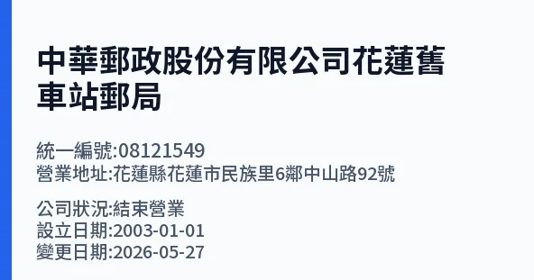 中華郵政股份有限公司花蓮舊車站郵局的照片-統編 08121549(花蓮縣) 公司登記資料與營業項目詳細圖表