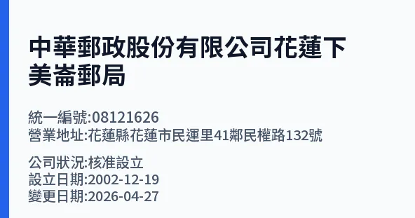 中華郵政股份有限公司花蓮下美崙郵局的照片-統編 08121626(花蓮縣) 公司登記資料與營業項目詳細圖表