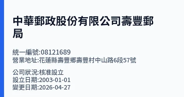 中華郵政股份有限公司壽豐郵局的照片-統編 08121689(花蓮縣) 公司登記資料與營業項目詳細圖表