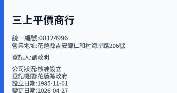 三上平價商行的照片-統編 08124996(花蓮縣) 公司登記資料與營業項目詳細圖表