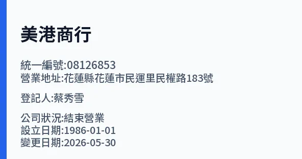 美港商行的照片-統編 08126853(花蓮縣) 公司登記資料與營業項目詳細圖表