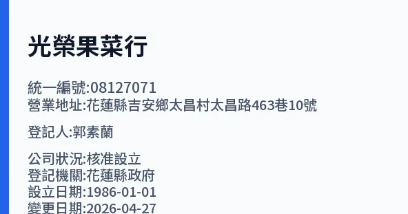 光榮果菜行的照片-統編 08127071(花蓮縣) 公司登記資料與營業項目詳細圖表