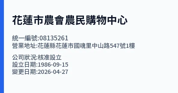 花蓮市農會農民購物中心的照片-統編 08135261(花蓮縣) 公司登記資料與營業項目詳細圖表