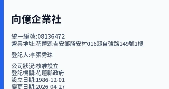 向億企業社的照片-統編 08136472(花蓮縣) 公司登記資料與營業項目詳細圖表