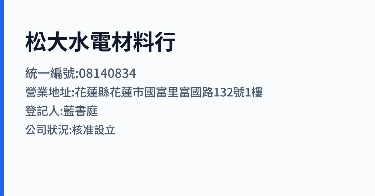 松大水電材料行 - 統編 08140834(花蓮縣) 公司登記資料與營業項目詳細圖表